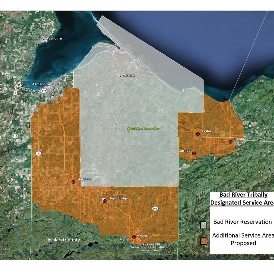 Map showing the Bad River Reservation and surrounding broadband service ...